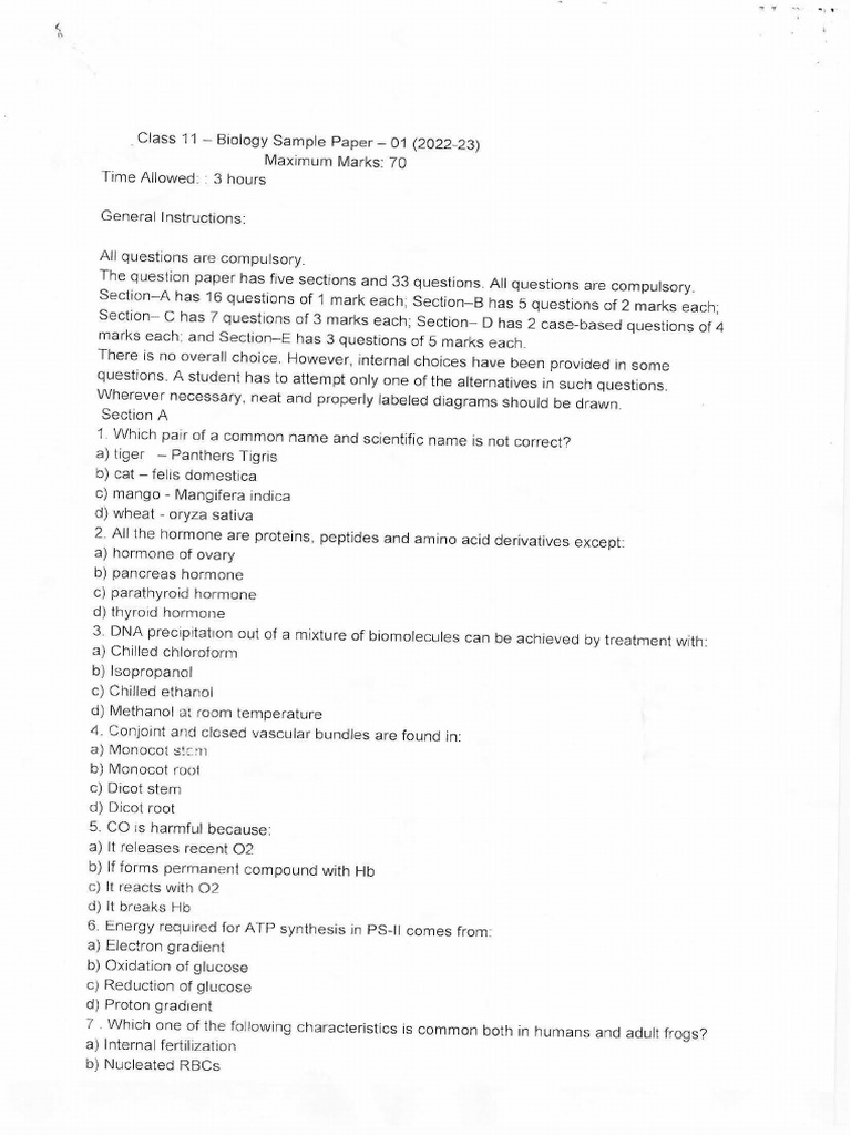 11 Biology Practice Paper | PDF