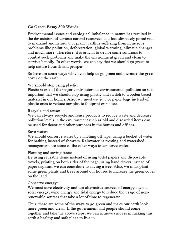 Go Green Essay 300 Words | PDF | Renewable Energy | Sustainability