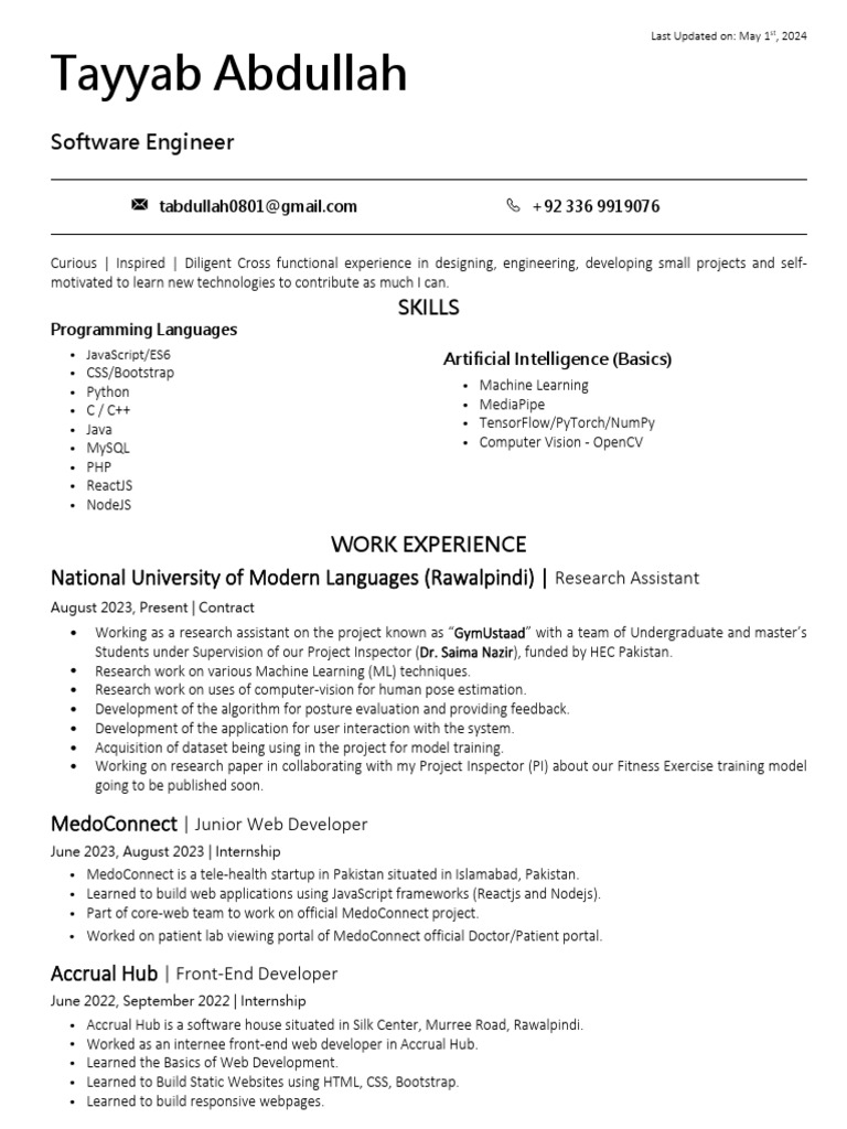 Software Engineer Resume: Tayyab Abdullah | PDF | Parsing | Compiler