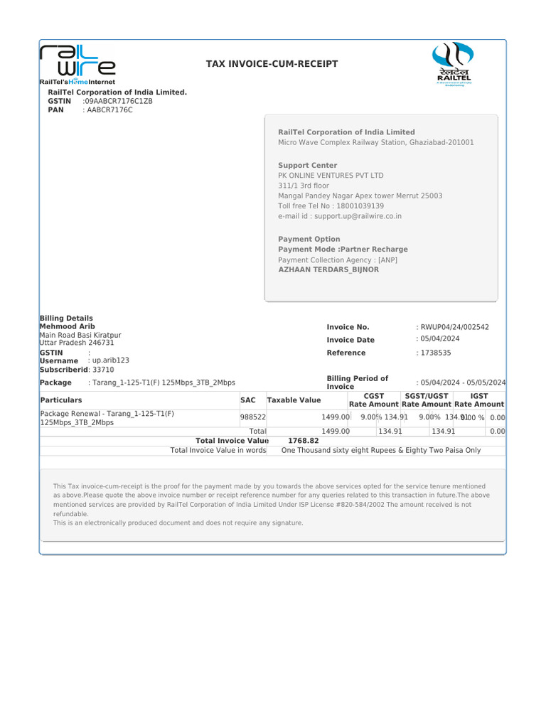 Railwire Subscriber Invoice | PDF | Receipt | Taxation