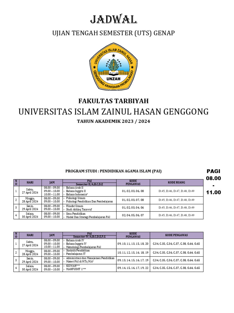 Jadwal Uts Tarbiyah 2022-2023 Genap - New | PDF