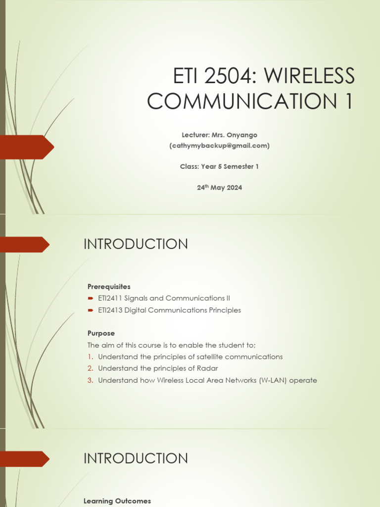Eti 2504 Wireless Communication 1 Lecturer Mrs Onyango Class Year