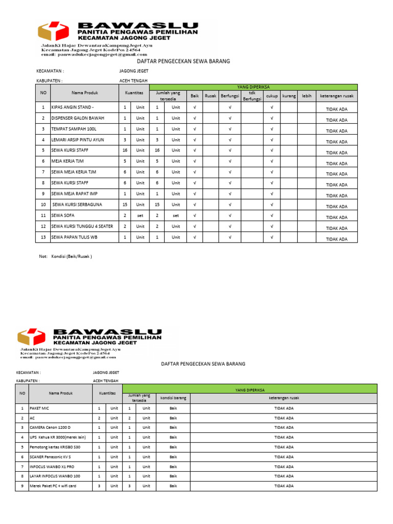 Daftar Pengecekan Sewa Barang Jagong Jeget | PDF