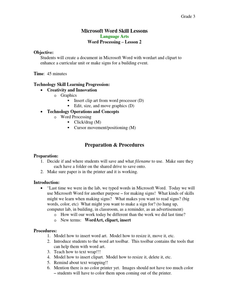 Microsoft Word Skill Lessons: Word Processing - Lesson 2 Objective | PDF