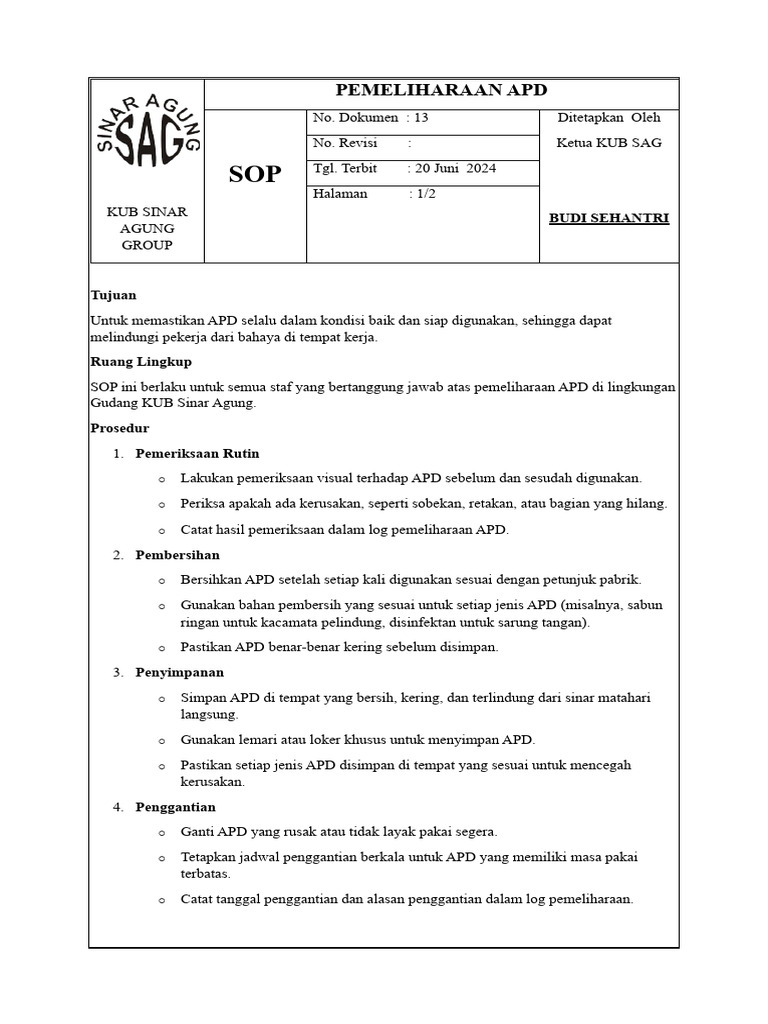 SOP PEMELIHARAAN APD | PDF