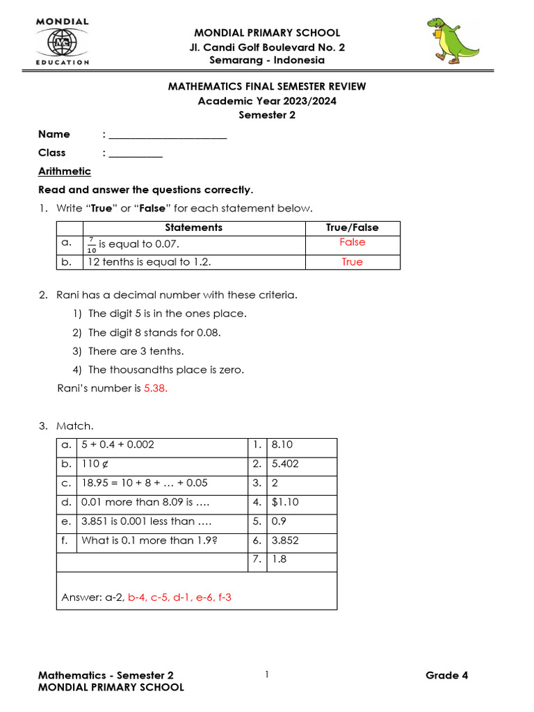 Answer Key - Mathematics Final Review Grade 4 | PDF | Area | Length
