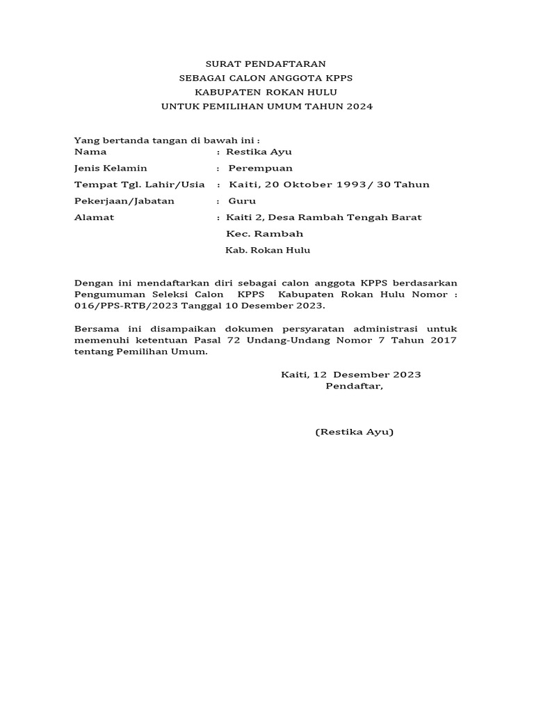 FORMULIR PENDAFTARAN KPPS PEMILU 2024 Ayu | PDF