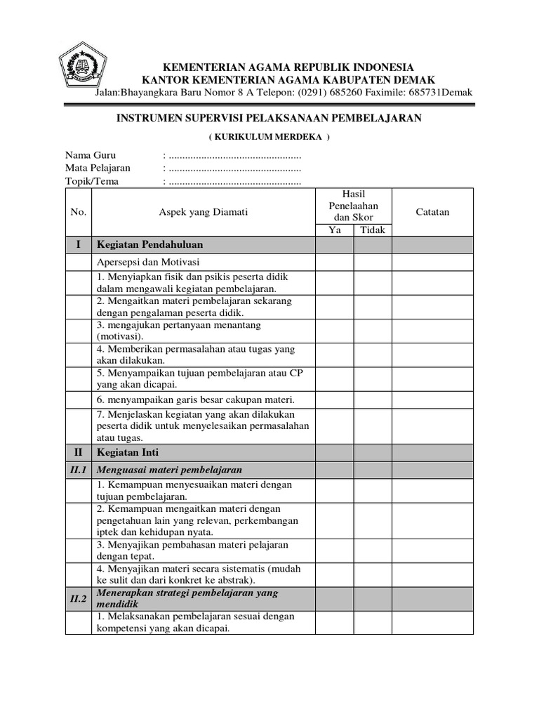 Instrumen Supervisi Pembelajaran | PDF | Seni