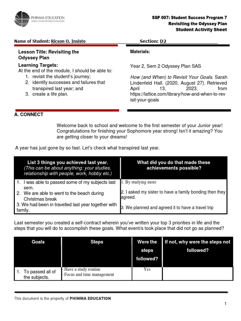 INSISTO SSP Revisiting The Odyssey Plan SAS | PDF | Goal | Cognition
