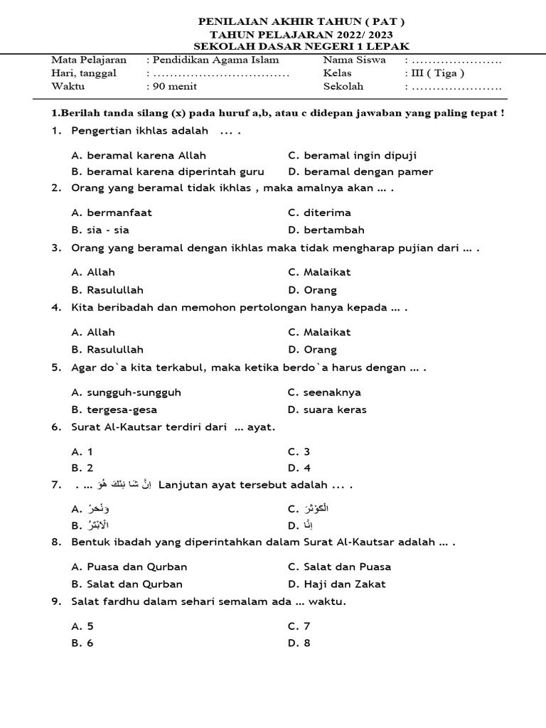 Soal Pat Pai Kelas 3 2022 2023 | PDF