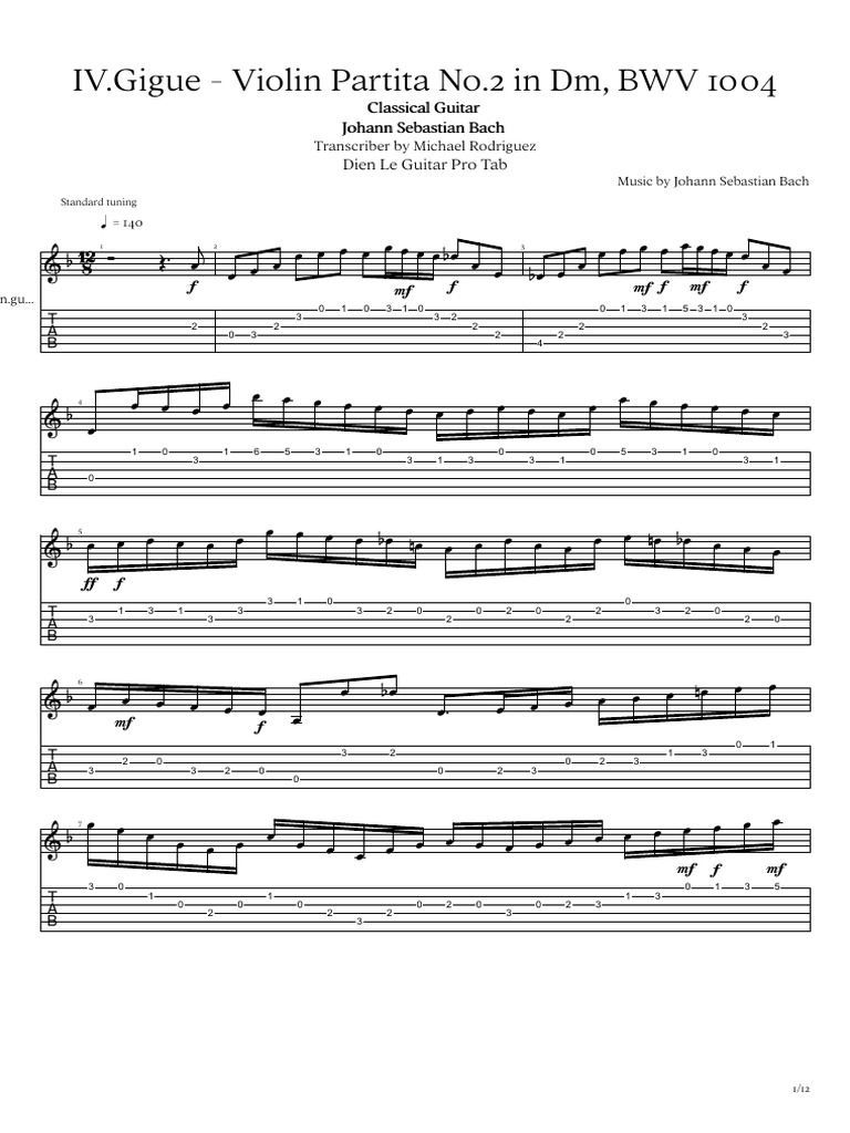 Dazzling Gigue - Guitar Tab For Bach's Violin Partita No.2 | PDF ...