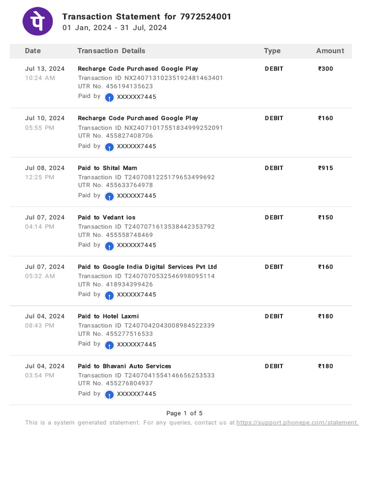 Transaction Statement: Jan-Jul 2024 | PDF | Debit Card | Debits And Credits