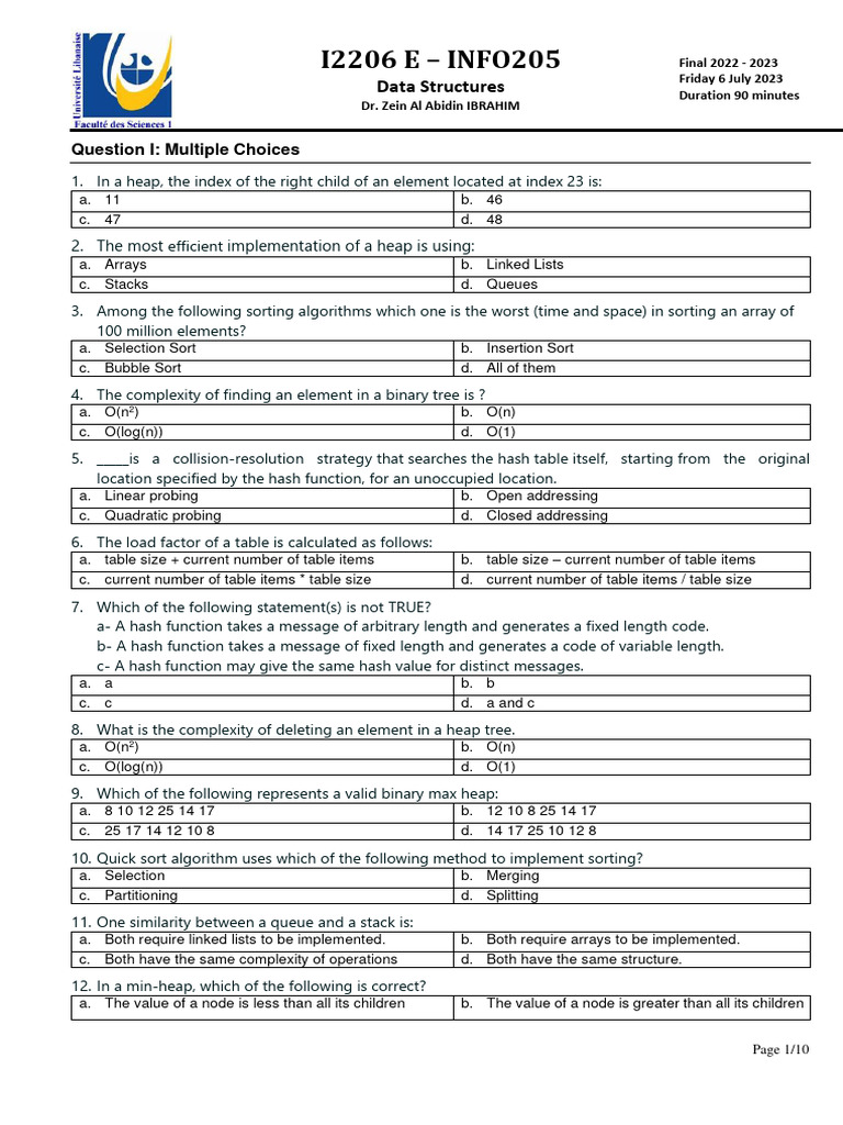 Final Info2206 en 2022-2023.vers2 | PDF | Algorithms And Data Structures | Applied Mathematics
