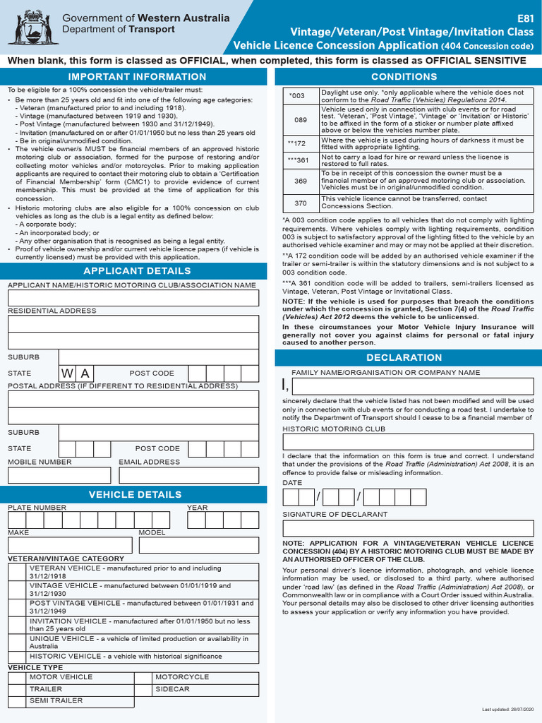 Vintage/Veteran/Post Vintage/Invitation Class Vehicle Licence ...