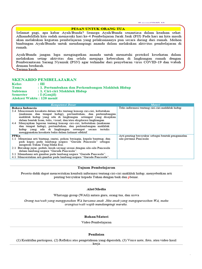 RPP Daring Kelas 3 SD Semester 1 Tema 1 Subtema 1 Pembelajaran 4 | PDF | Kesehatan Holistik