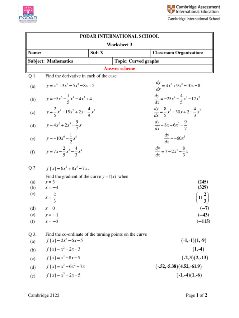 WS 3 As Cambridge X Math Curved Graphs | PDF | Tangent | Gradient
