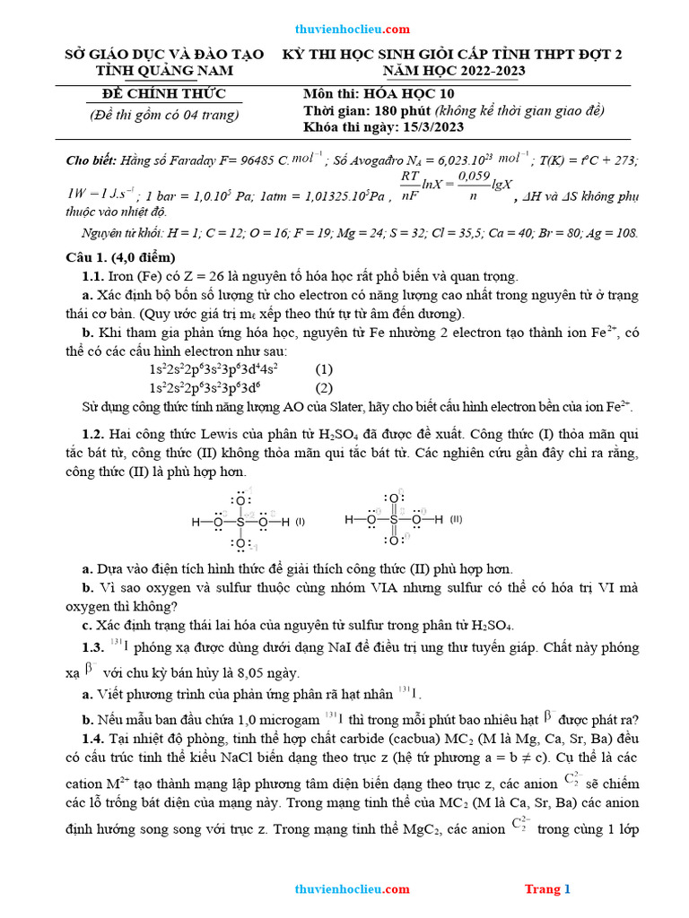 De Thi HSG Hoa 10 Chuyen Quang Nam 22 23 | PDF