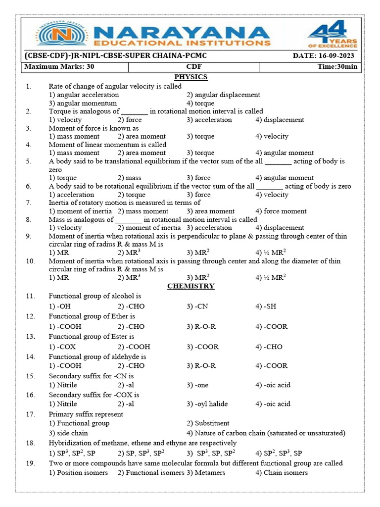 (Cbse-Cdf) - Jr-Nipl-Cbse-Super Chaina-Pcmc-Qp - 16-09-2023 | PDF | Torque | Rotation Around A ...