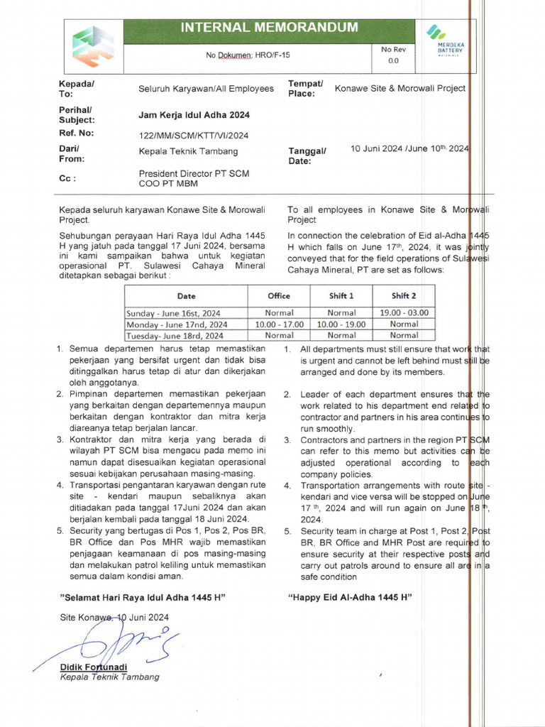 2024 IM SCM - Jam Kerja Idul Adha 2024 - 240610 - 083750 | PDF