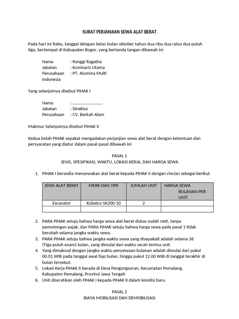 Surat Perjanjian Sewa Alat Berat | PDF