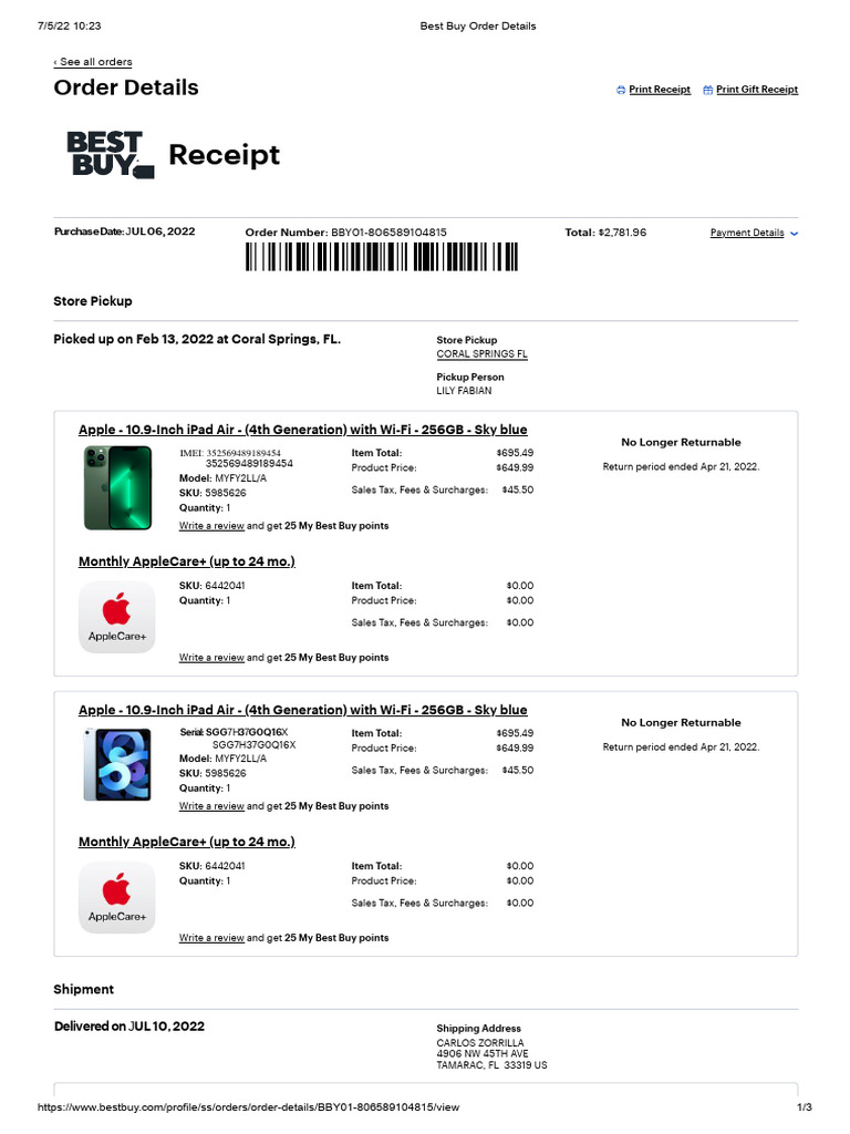 Best Buy iPad Air Receipt Details | PDF | Receipt | Business