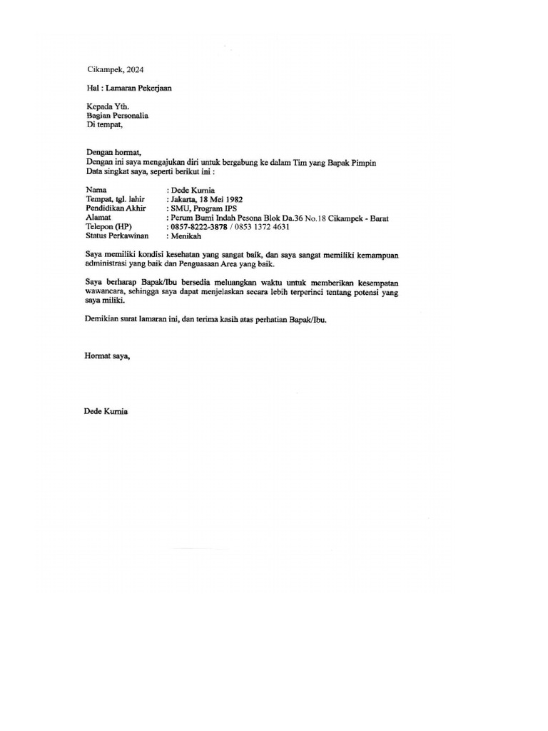 Surat Lamaran 2024 | PDF