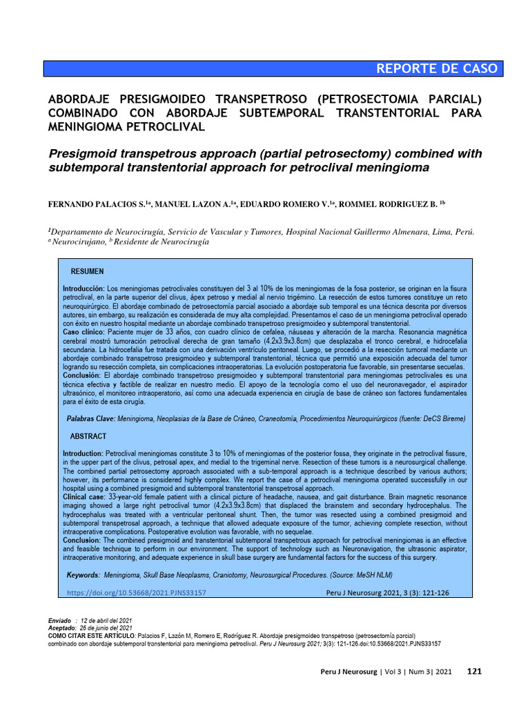 Abordaje Presigmoideo Transpetroso y Subtemporal Transtentorial Para de ...