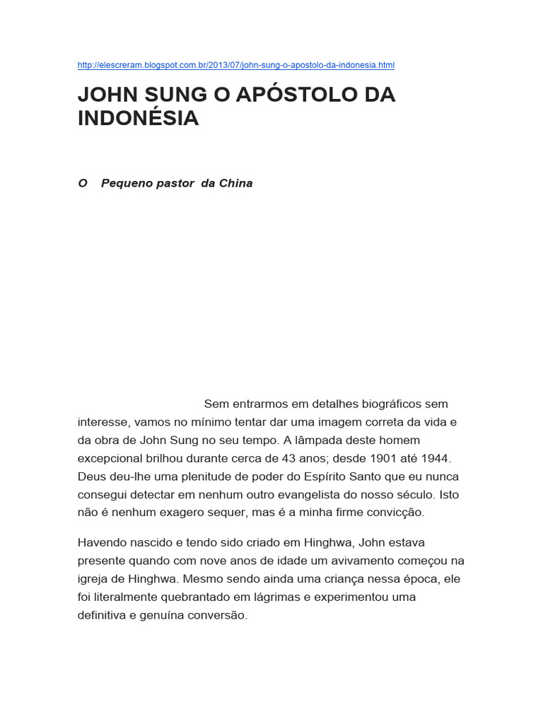 John Sung: O Apóstolo da Indonésia | PDF | Jesus | Oração