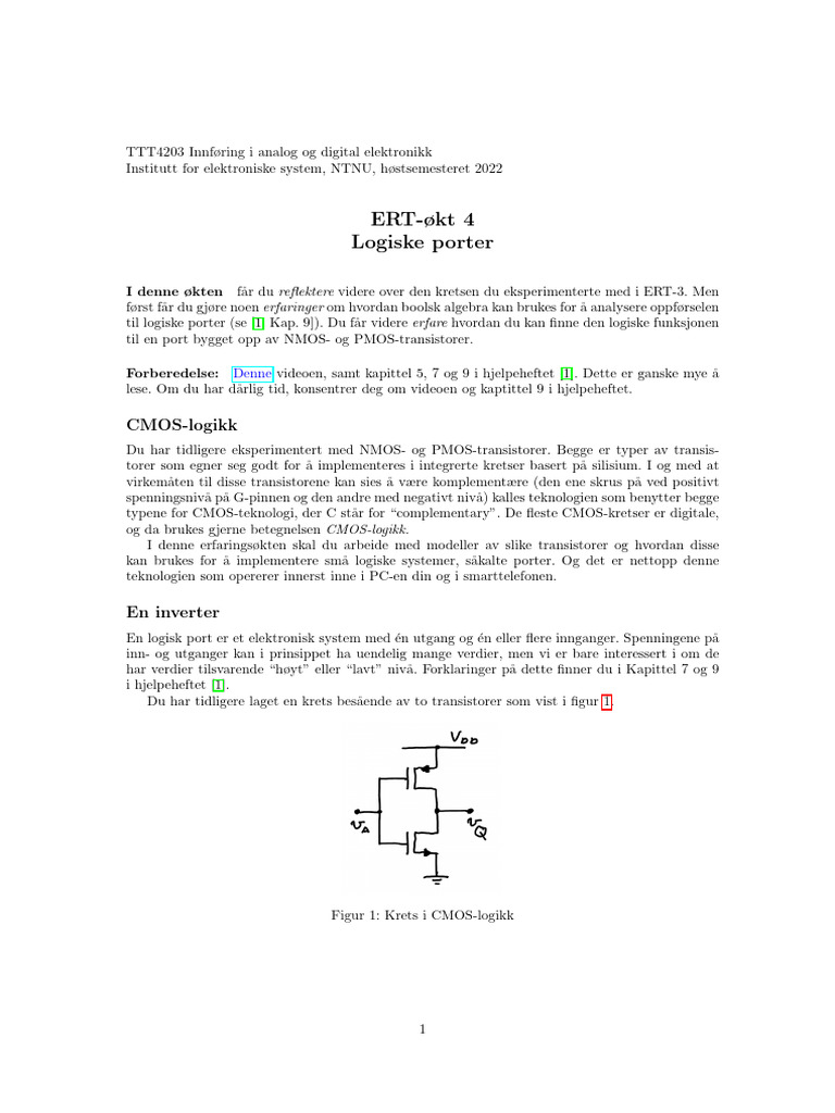 ERT-økt 4 Logiske Porter: CMOS-logikk | PDF