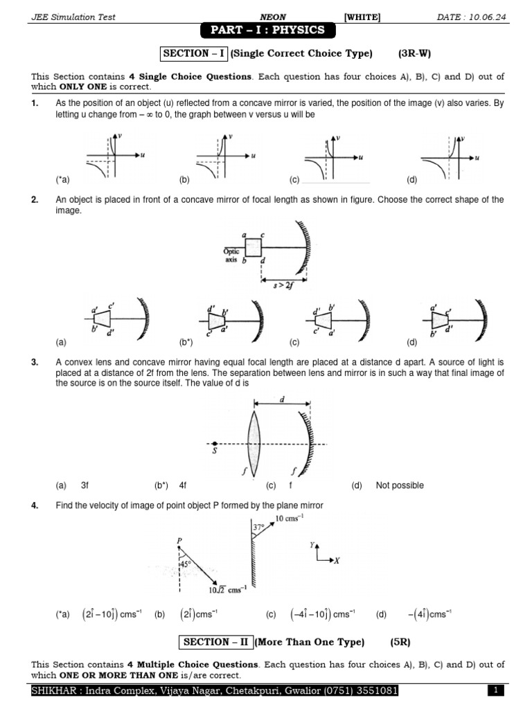 JEE Physics Simulation Test 2024 | PDF | Ellipse | Mirror