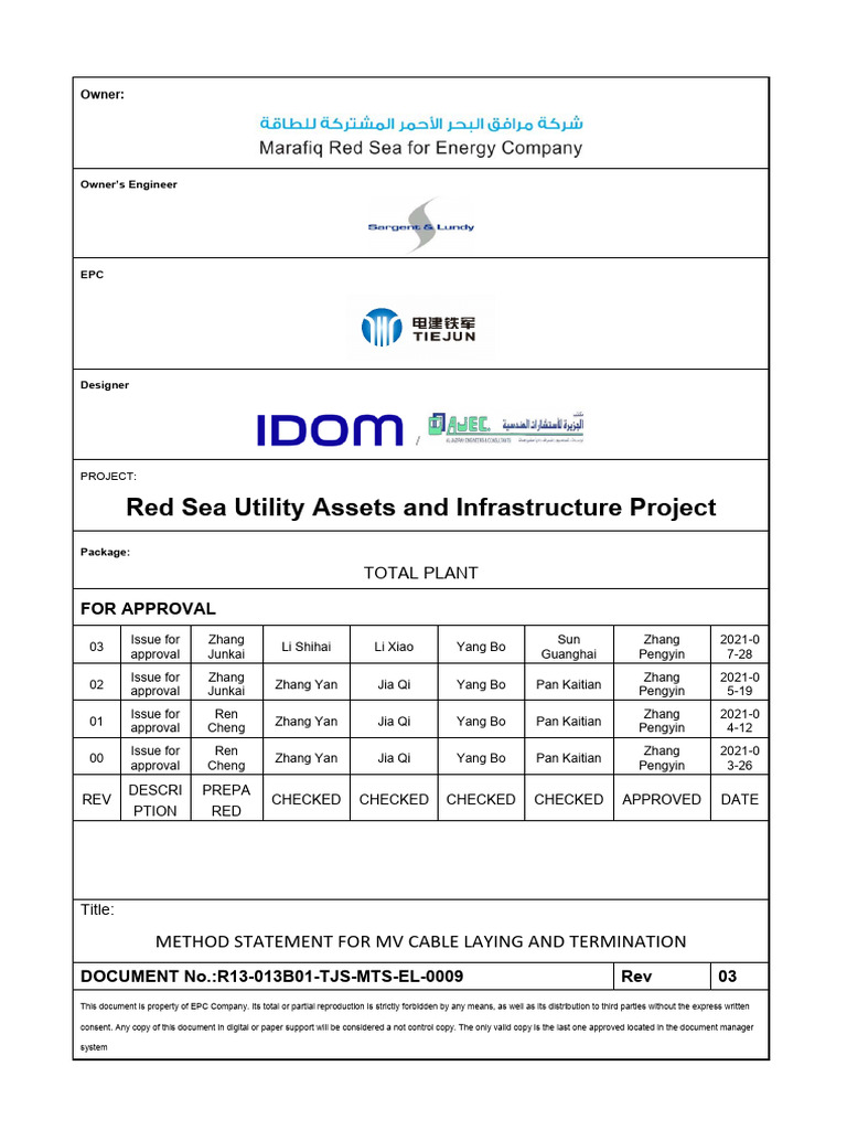 R13-013B01-TJS-MTS-EL-0009 - Rev03 METHOD STATEMENT FOR MV CABLE LAYING ...
