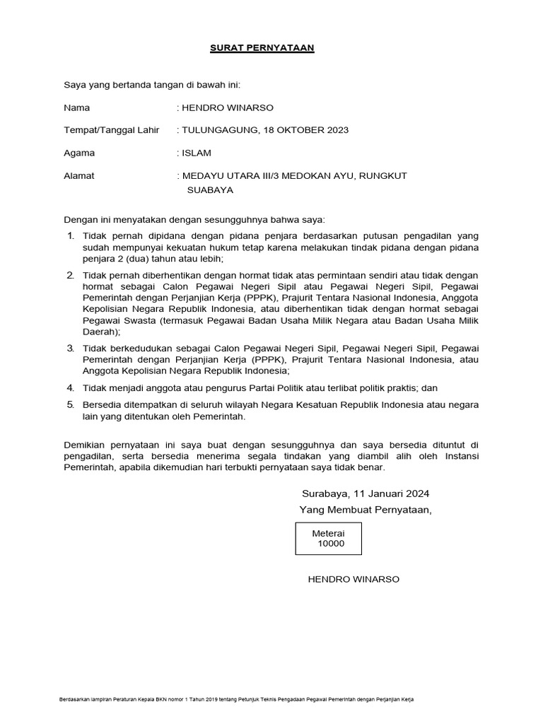 Surat Pernyataan Hendro Winarso | PDF