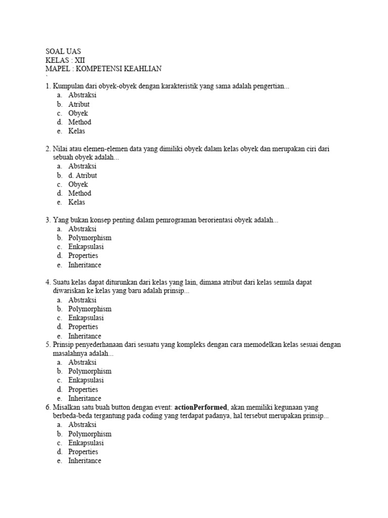 Soal UAS Kompetensi Keahlian Kls XII RPL Maret 2024 | PDF | Komputer