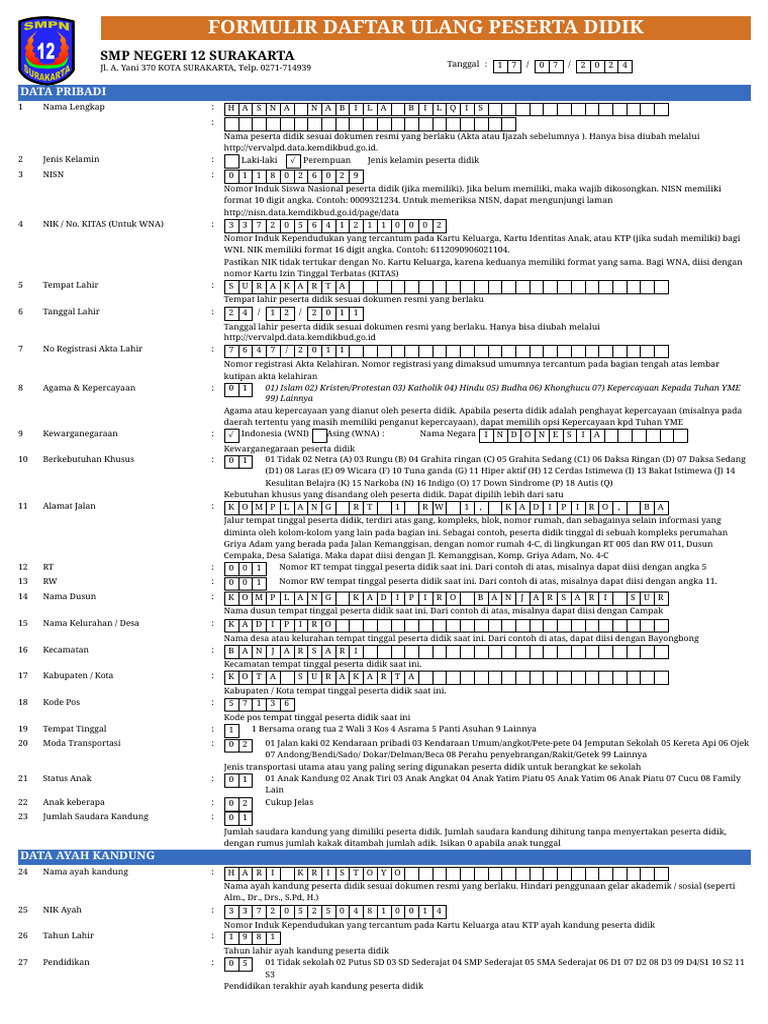PPDB - Formulir Daftar Ulang 3372056412110002 | PDF