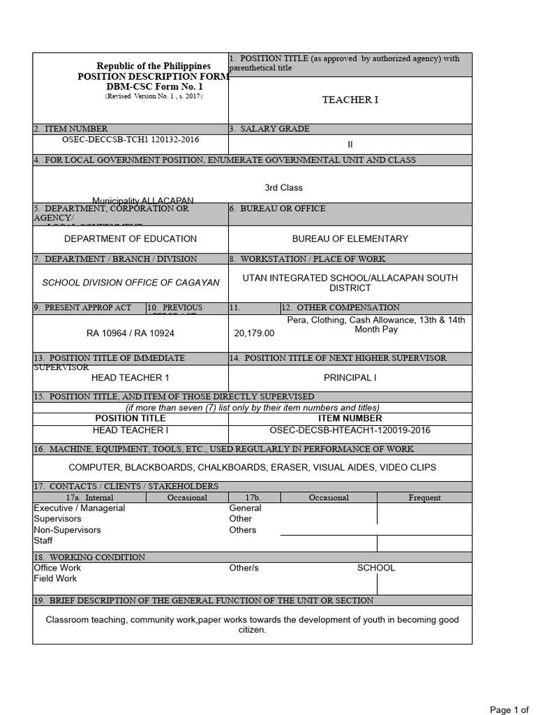DBM CSC Form No. 1 Position Description Forms.. 1 | PDF | Learning ...