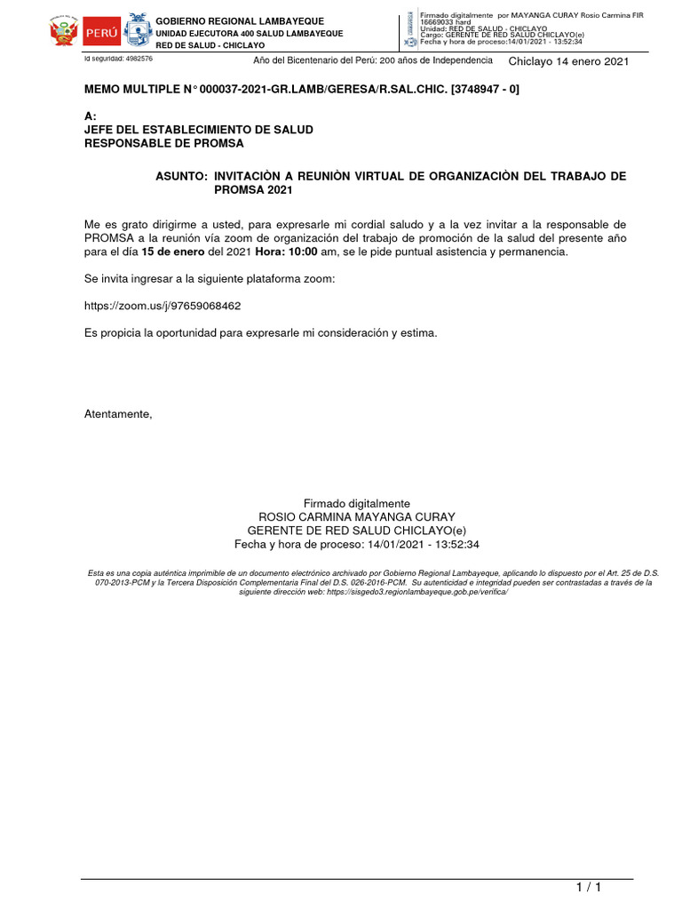 Invitaciòn A Reuniòn Virtual de Organizaciòn Del Trabajo de | PDF