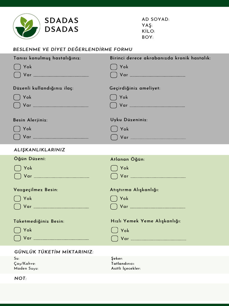 Yeşil Beyaz Sade Diyetisyen Anamnez Alma Formu A4 Belge | PDF