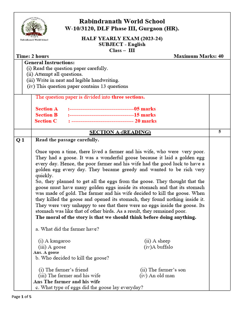 Approved English Paper Class - III | PDF | Languages | Foreign Language ...