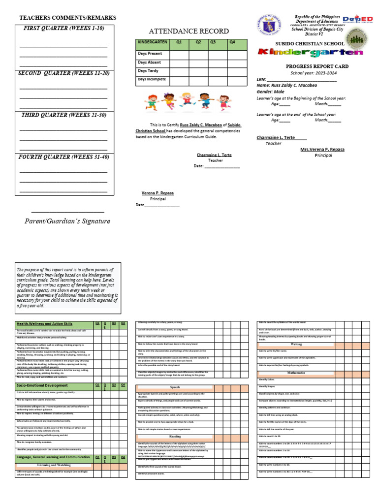 SF 9 Report Card Subido Christian School | PDF | Teachers | Learning