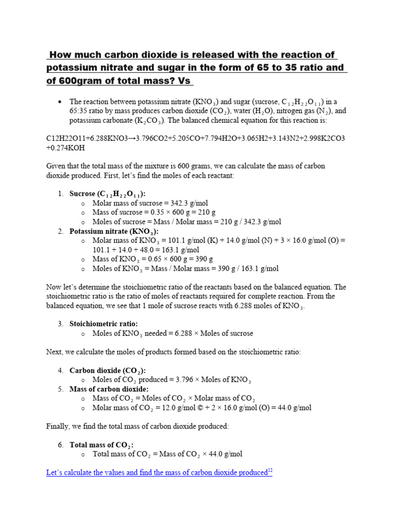 Carbon Dioxide from KNO3 and Sugar Reaction | PDF | Mole (Unit ...