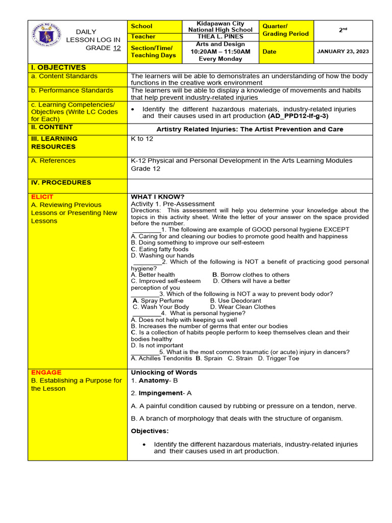 DLL SHS ARTS PPDA 2 -hazardous materials | PDF | Ankle | Learning