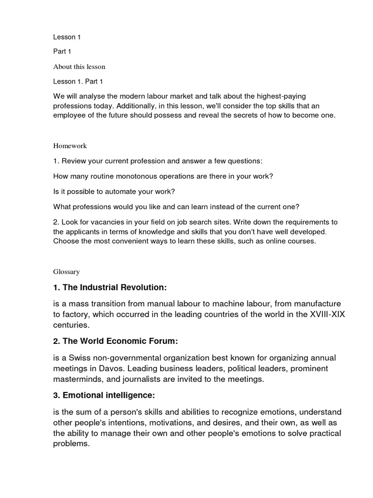 Lesson 1 Lesson 1the Labour Market Today | PDF | Employment | Value ...