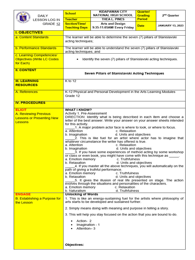 DLL SHS Performing Arts 12 | PDF | Psychology | Learning
