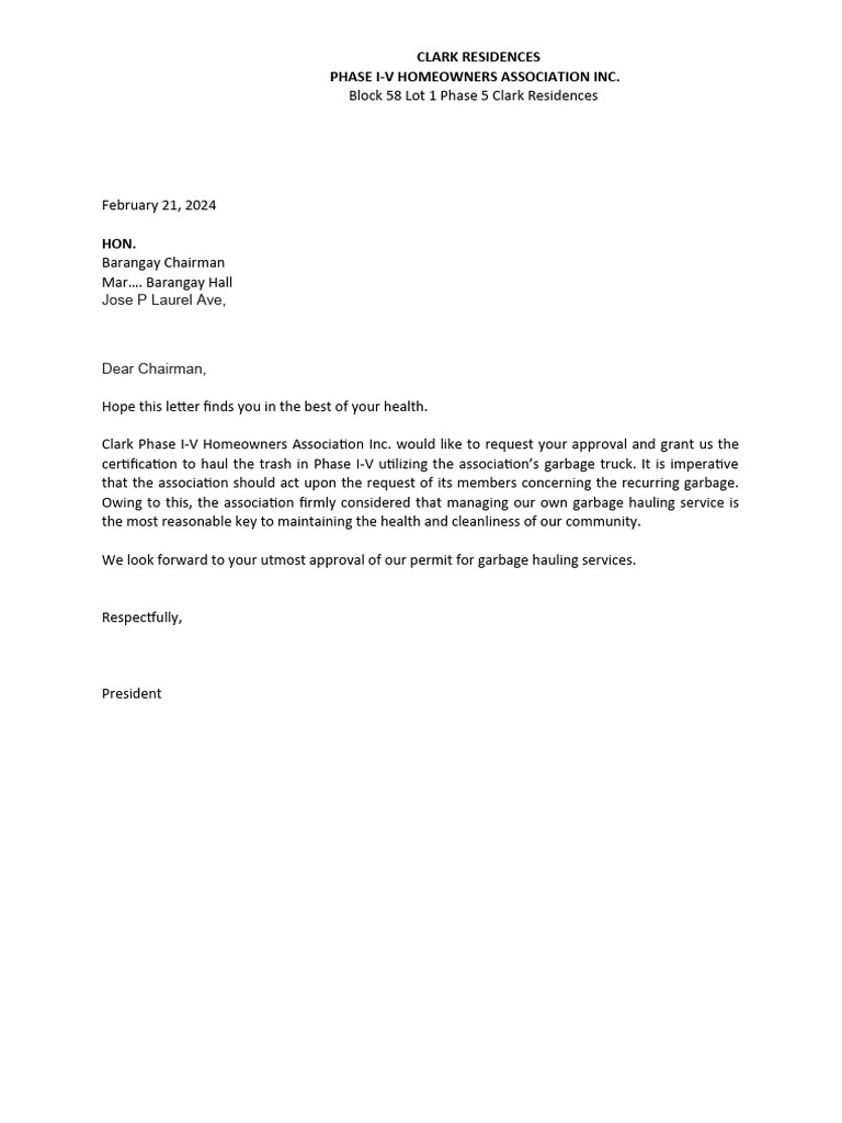 Letter of Intent Application for Hauling Brgy | PDF