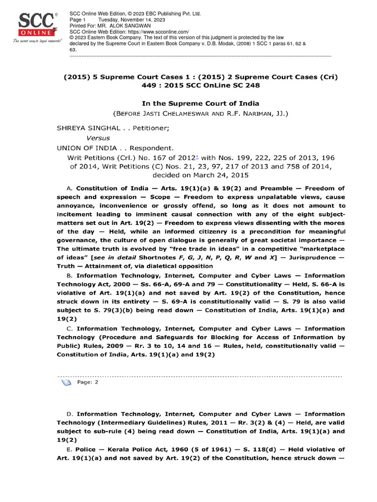 2015 5 SCC 1 - Shreya Singhal V UoI | PDF | Supreme Court Of The United ...
