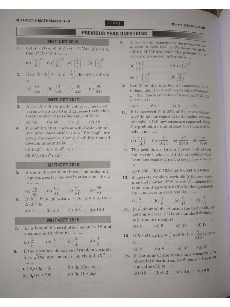 Binomial Distribution CET PYQs | PDF