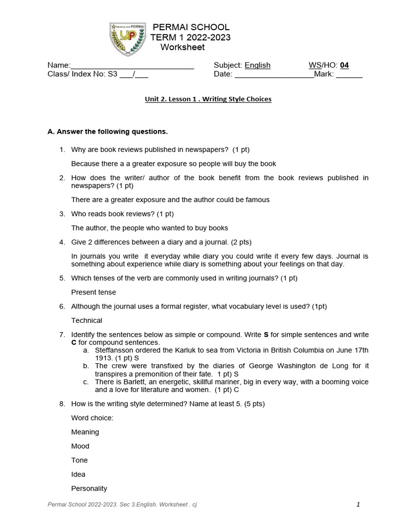 English Writing Style Worksheet | PDF