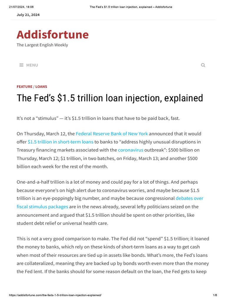 The Fed's $1.5 Trillion Loan Injection, Explained - Addisfortune | PDF ...