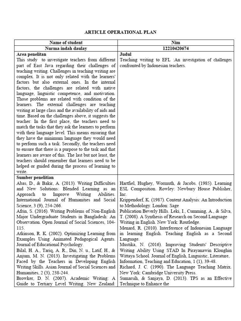 ARTICLE OPERATIONAL PLAN Word | PDF | English As A Second Or Foreign ...