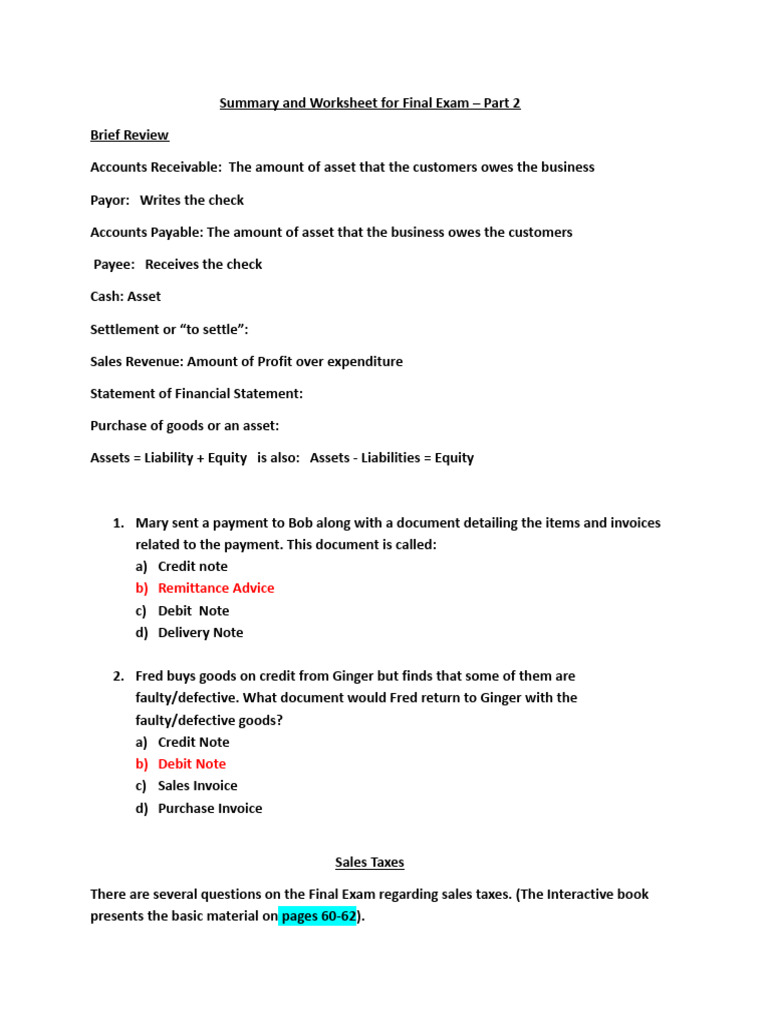 2. Summary and Worksheet for Final Exam - Part 2 | Download Free PDF | Debits And Credits | Taxes